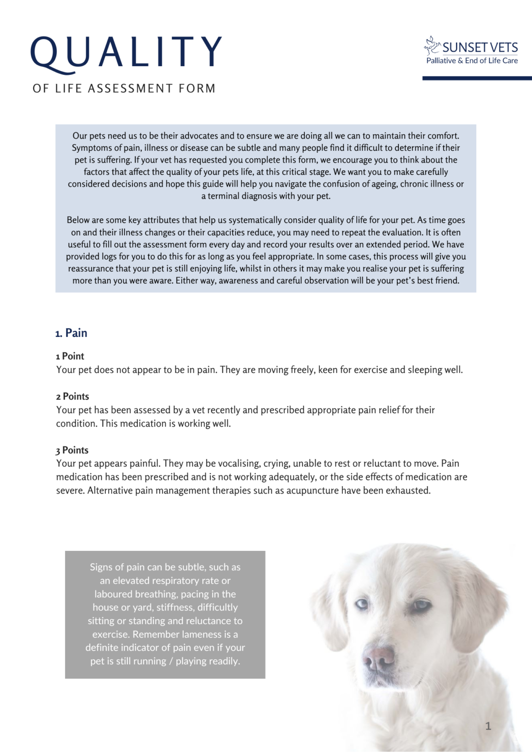 Quality of Life Assessment Worksheet | Sunset Vets QOL Form